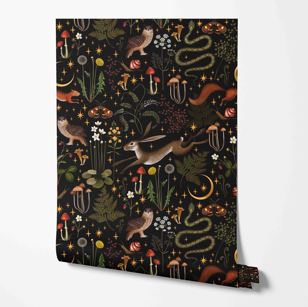 Whimsical Forest Wallpaper - Animals, Mushrooms Pattern - Removable ...