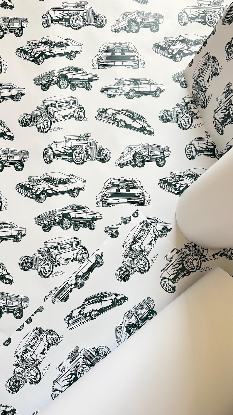 Vintage Classic Cars Wallpaper - Vehicles Pattern - Removable Peel ...