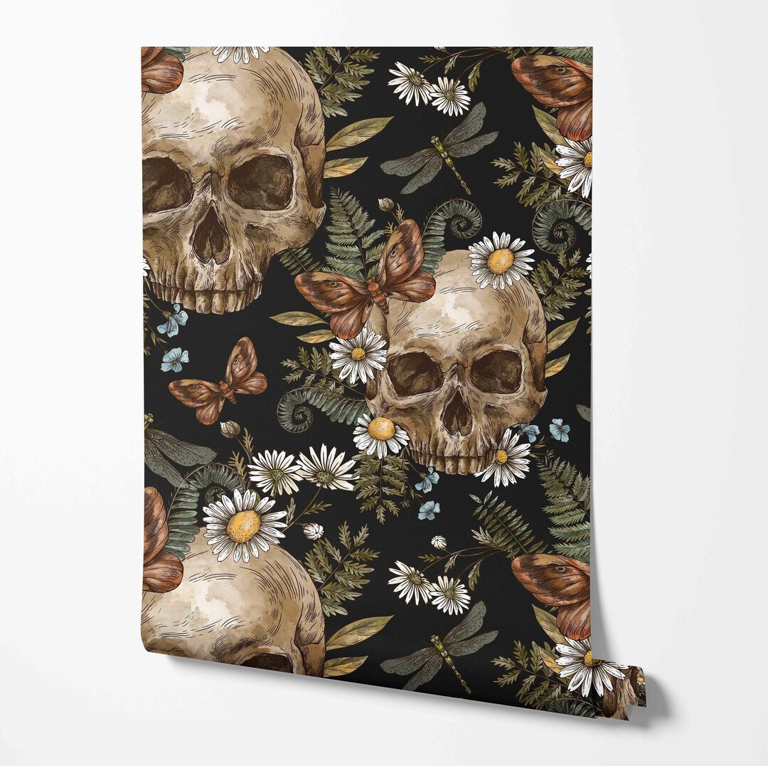 Floral Skulls Wallpaper - Dark Skull Theme Pattern - Removable Peel and ...