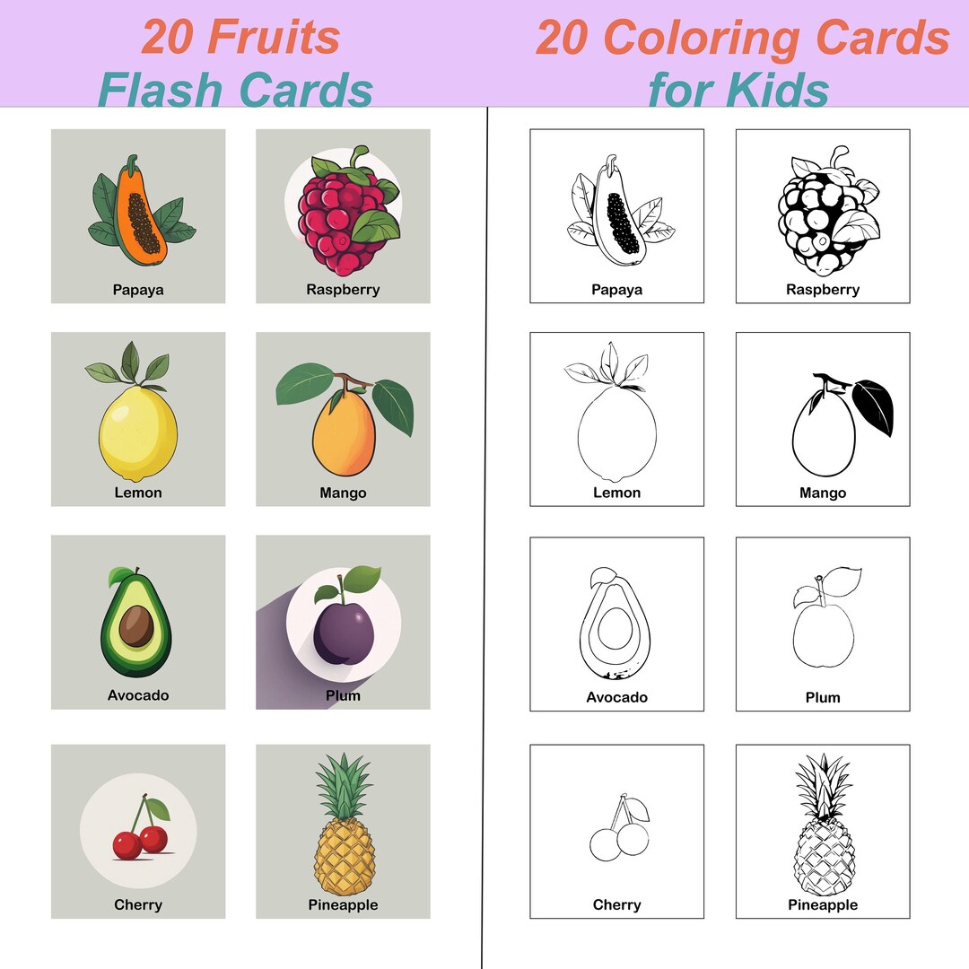 20 Fruits Flash Cards & Fruit Cards to Color, Homeschool Resources ...