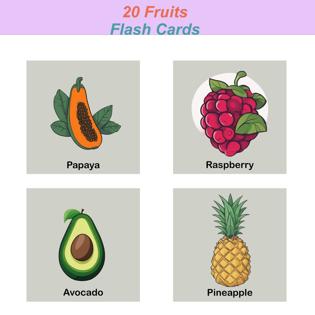 20 Fruit Flashcards, Lemon Card, Fruit SVG, Flash Cards Kids, Tropical ...