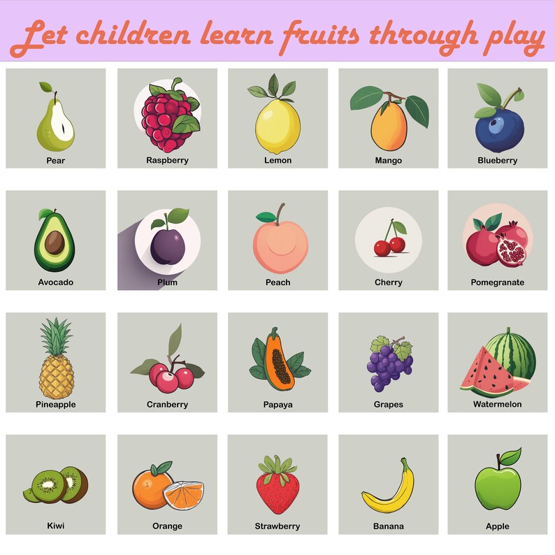 20 Fruit Flashcards, Lemon Card, Fruit SVG, Flash Cards Kids, Tropical ...