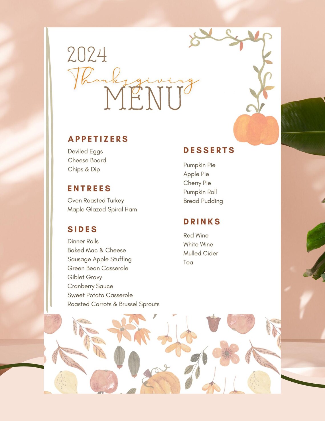 Editable Thanksgiving Menu Template - Fall 2024 Customizable Holiday ...