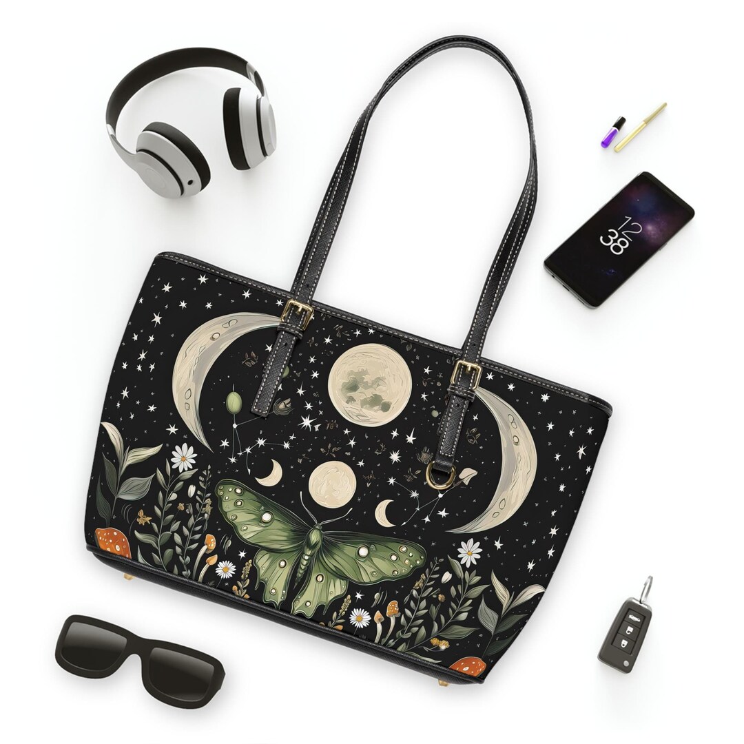 Shoulder Bag, Celestial Design Moon and Moth Handbag, Black Tote Purse ...