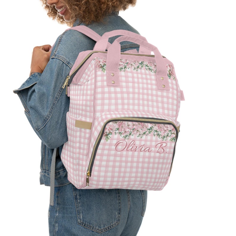 Pink Gingham Floral Personalized Multifunctional Backpack or Diaper Bag ...