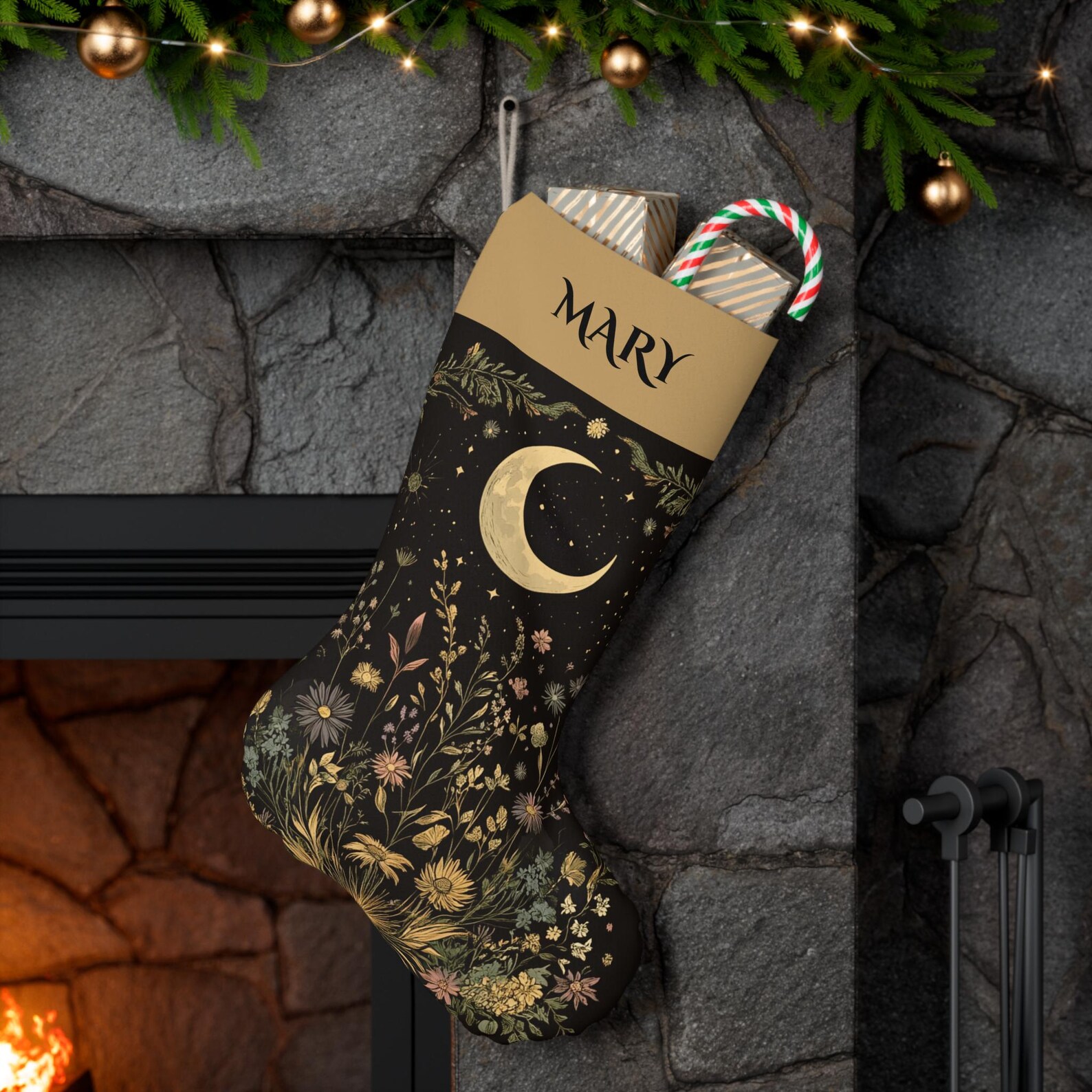 Black and Gold Tones With Crescent Moon Goth Santa Stocking, Christmas ...