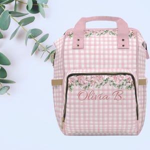 Pink Gingham Floral Personalized Multifunctional Backpack or Diaper Bag ...