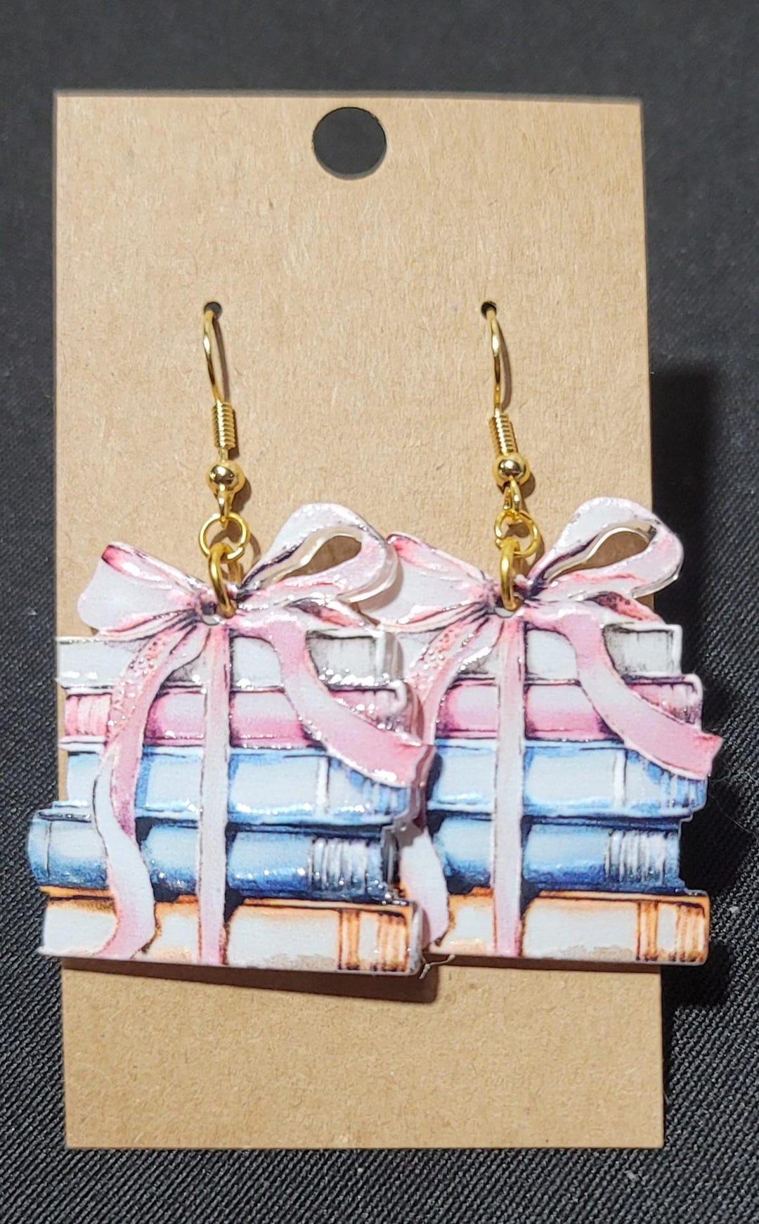 Books With Pink Bow Earrings Gold Plated Cottage Core - Etsy