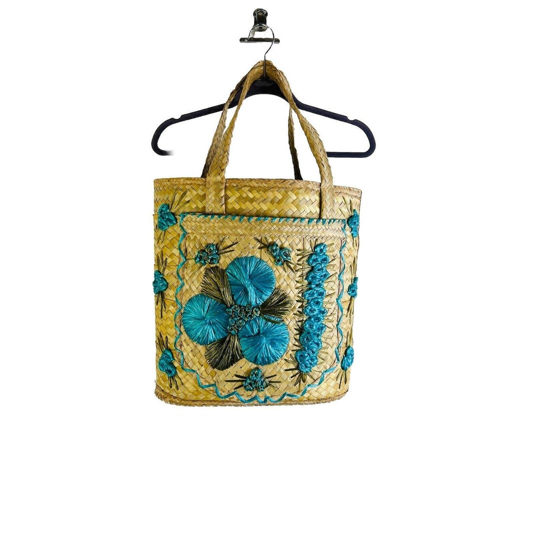 70s Raffia Straw Floral Woven Wicker Bucket Beach Bag Purse Coastal ...