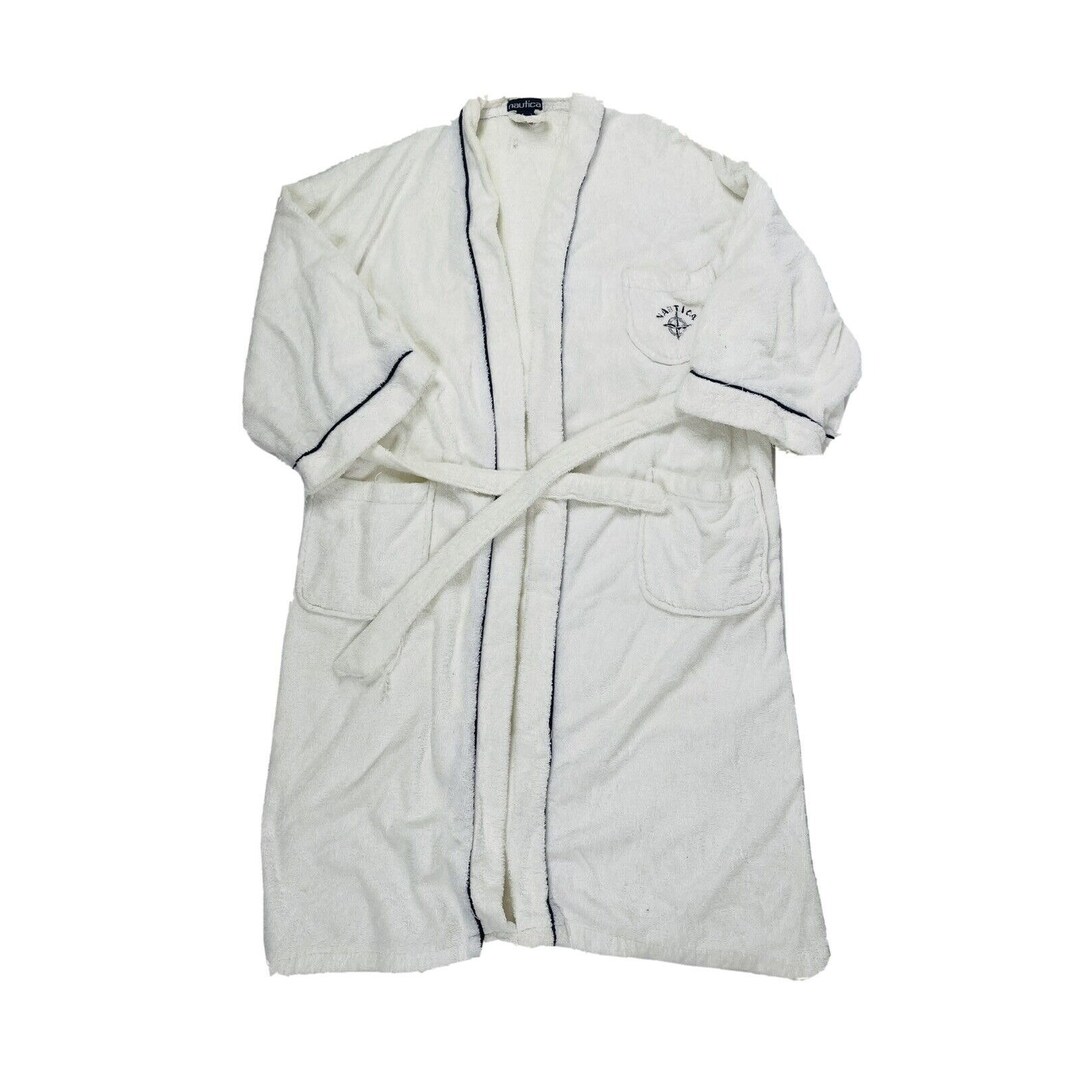 90s Nautica Mens Stitched Terry Cloth Heavy Cotton Bath Robe White ...