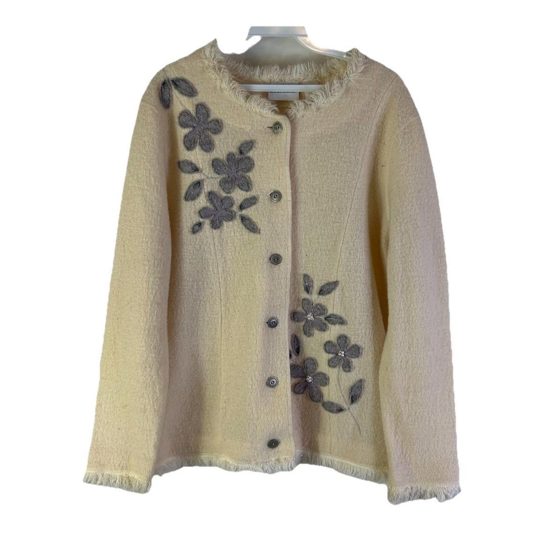 90s Cottagecore Fairy Cardigan Sweater Womens Large Worsted Wool Floral ...