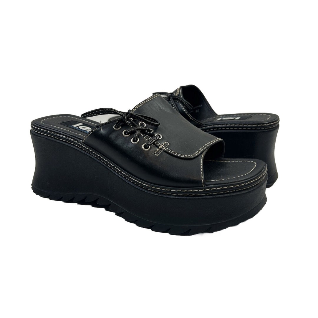 NOS Y2K LEI Womens 9.5 Faux Leather Chunky Platform Slip on Sandals ...