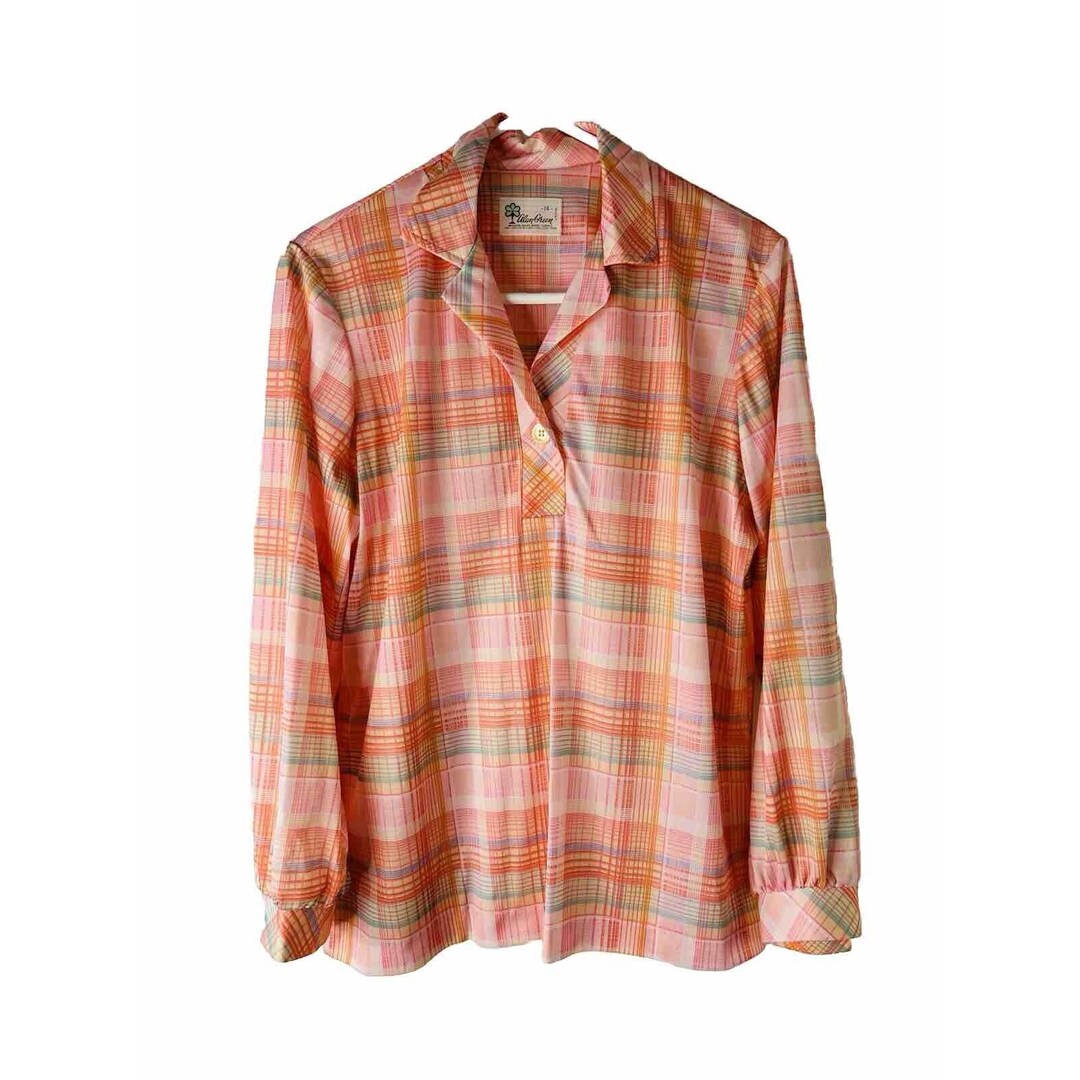 70s Womens Large Rainbow Plaid Collared Button Henley Shirt Disco Hippy ...