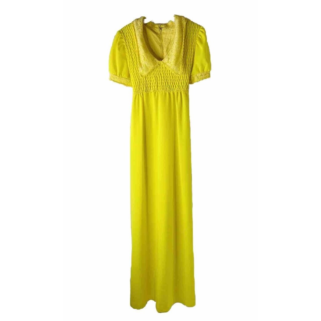 70s Womens Medium Pointed Bib Collar Frilly Lace Long Gown Dress USA ...