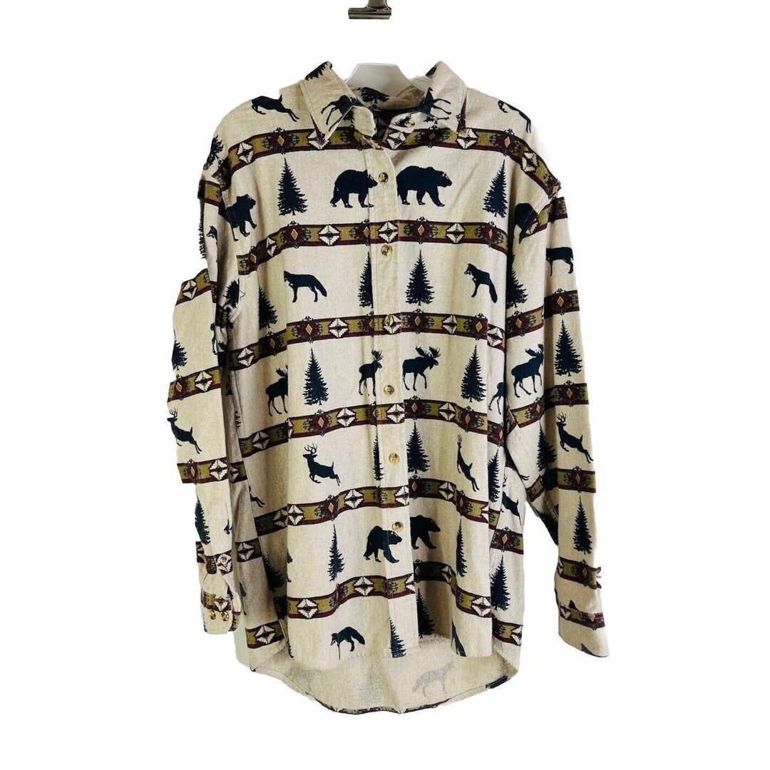 90s Cabelas Mens Large Nature Moose Print Chamois Flannel Button Shirt ...
