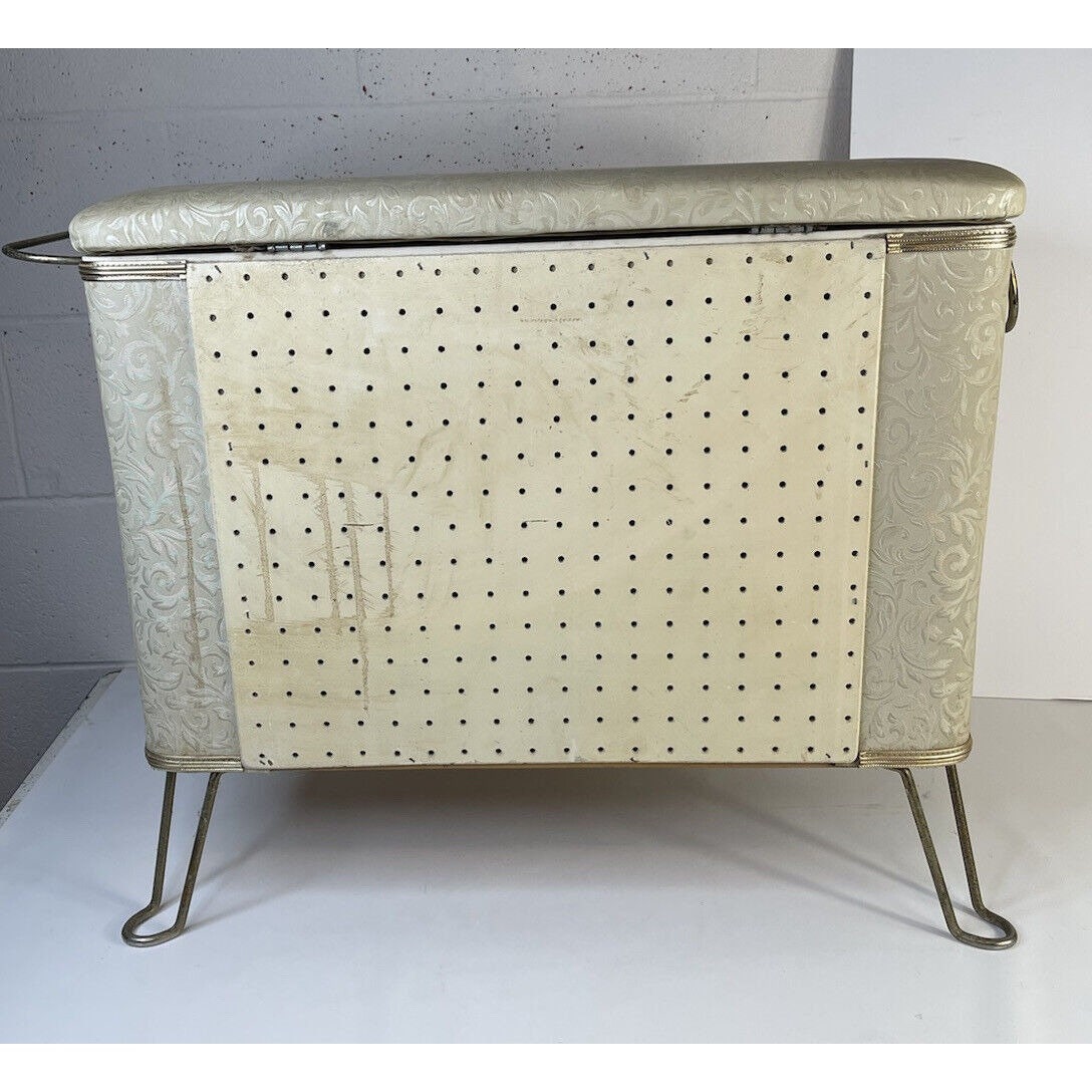 1950s Atomic Hairpin Leg Quilted Starburst Laundry Hamper Basket Ivory ...