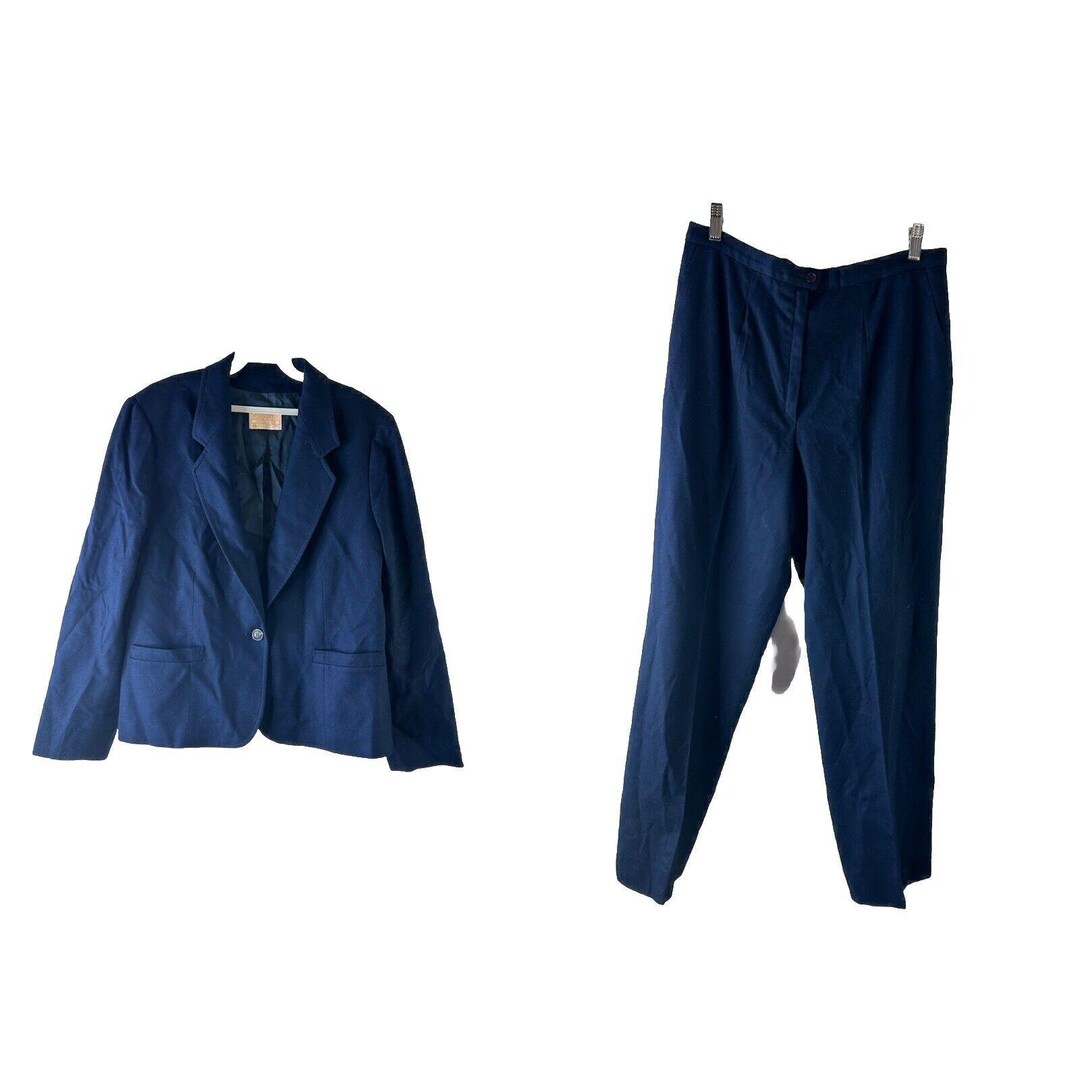 80s Pendleton Womens 16 Virgin Wool Navy Blue Blazer Pant Suit Set USA ...