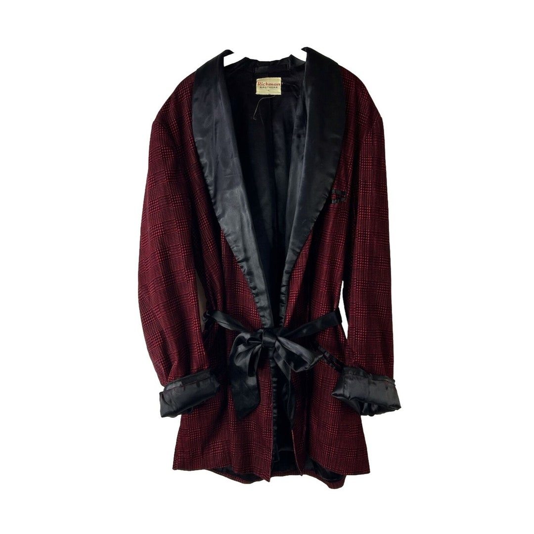 1950s Velour Satin Collar Smokers Robe Red Mens Large, Vintage Richman ...