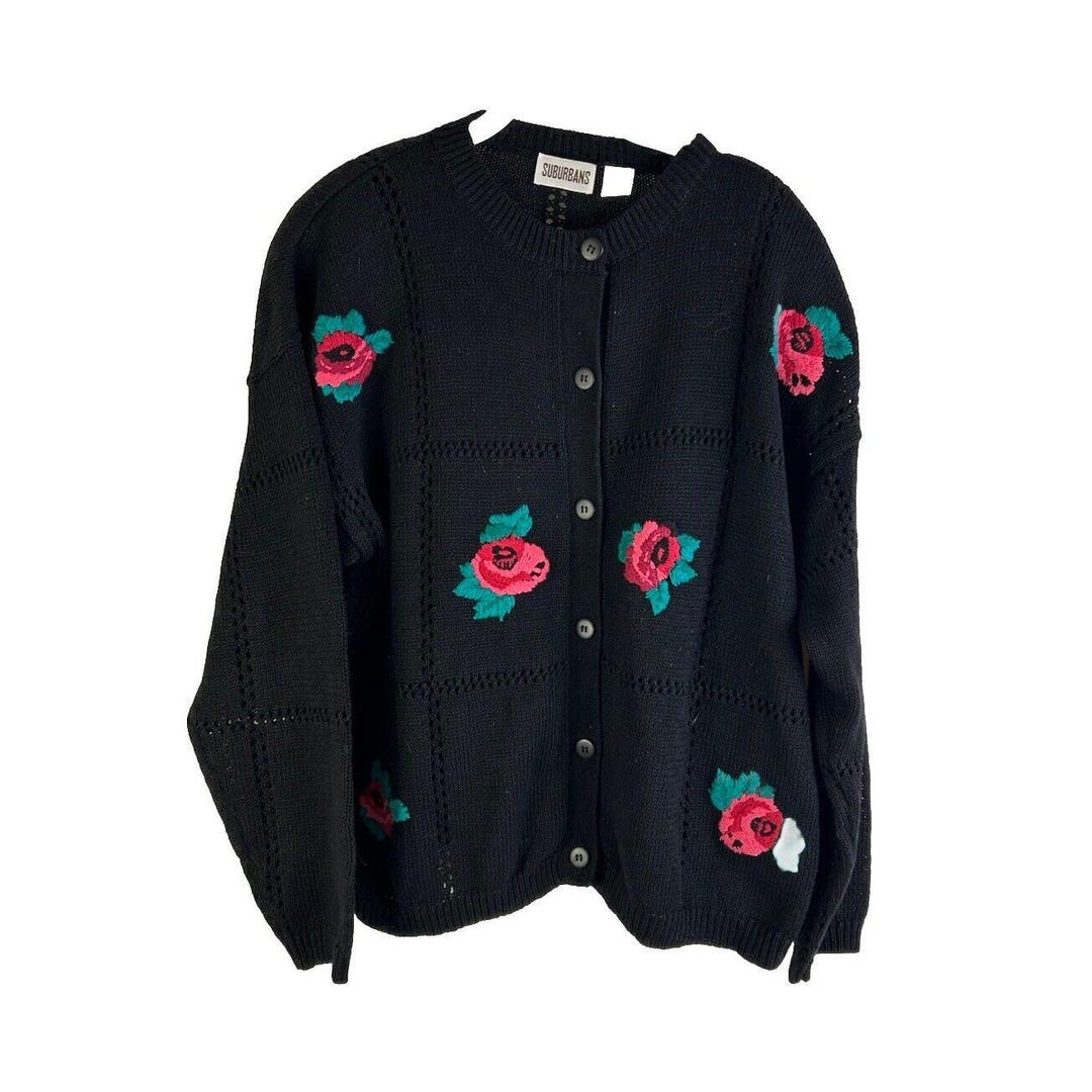 80s Womens XL Rose Floral Embroidered Open Knit Cardigan Sweater ...