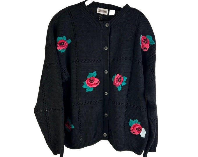 80s Womens XL Rose Floral Embroidered Open Knit Cardigan Sweater ...