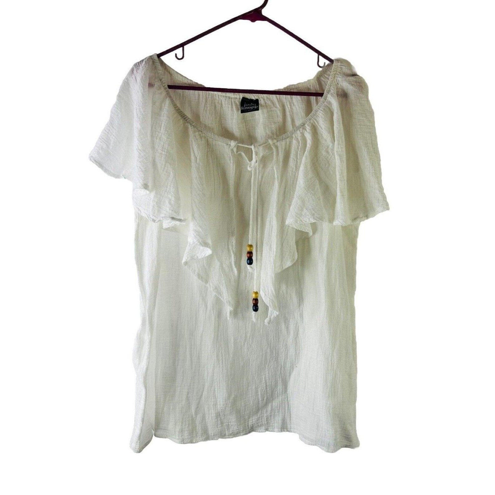 70s Womens Large Sheer Gauzy Cotton Frilly Ruffled Blouse Shirt Boho ...