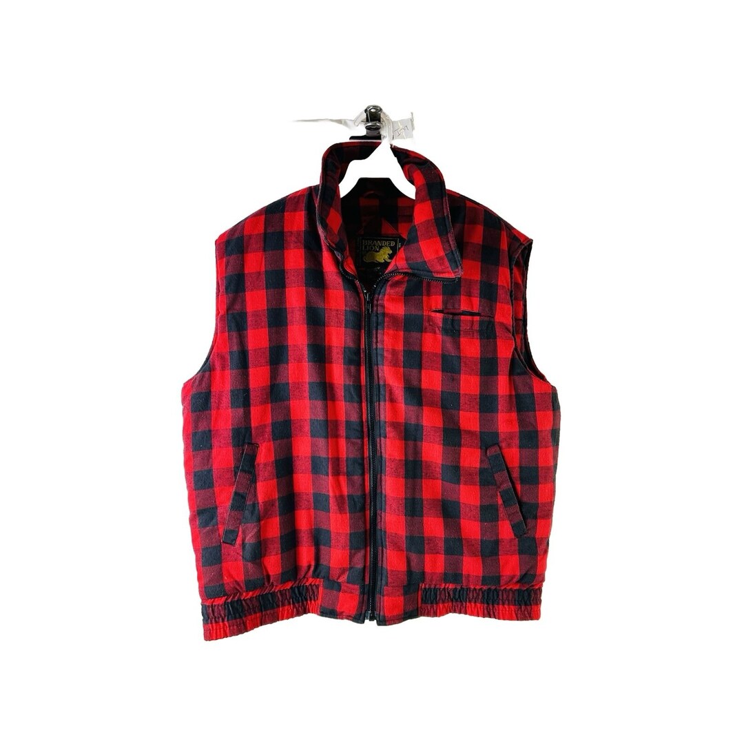 80s Mens XL Buffalo Plaid Full Zip Puffer Vest Jacket Hunting ...