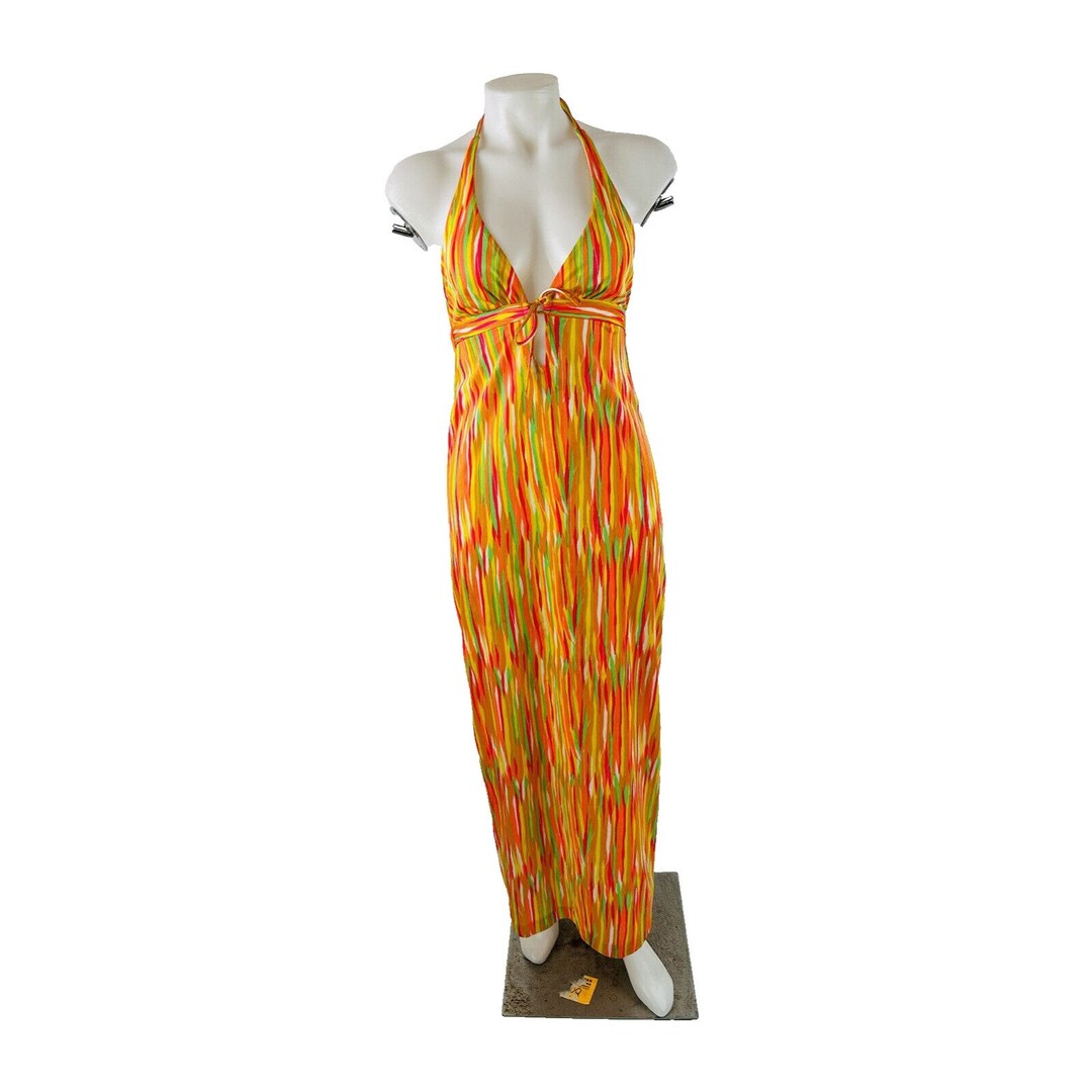 70s Womens XS Rainbow Halter Top Nylon Swim Beach Maxi Dress Hippy ...
