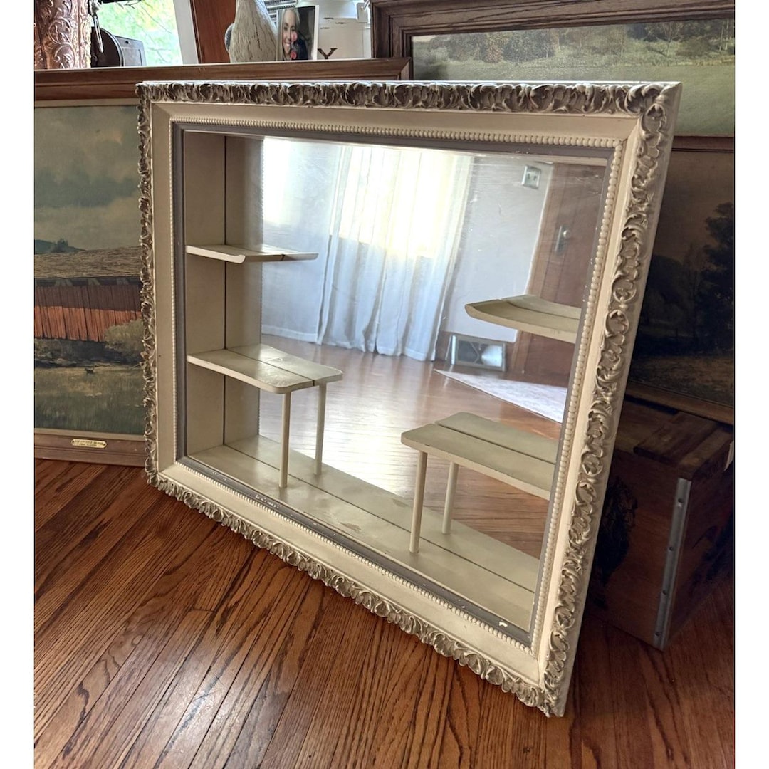 60s MCM Regency Mirrored Shadow Box Shelf Display White Ornate Gold ...