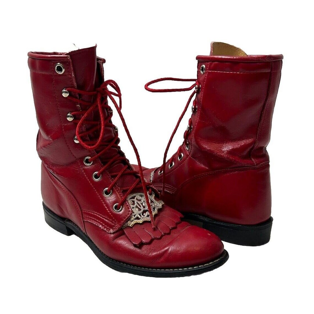 80s Red Leather Kiltie Western Boot Bootie USA 4.5 B, Womens Kiltie ...