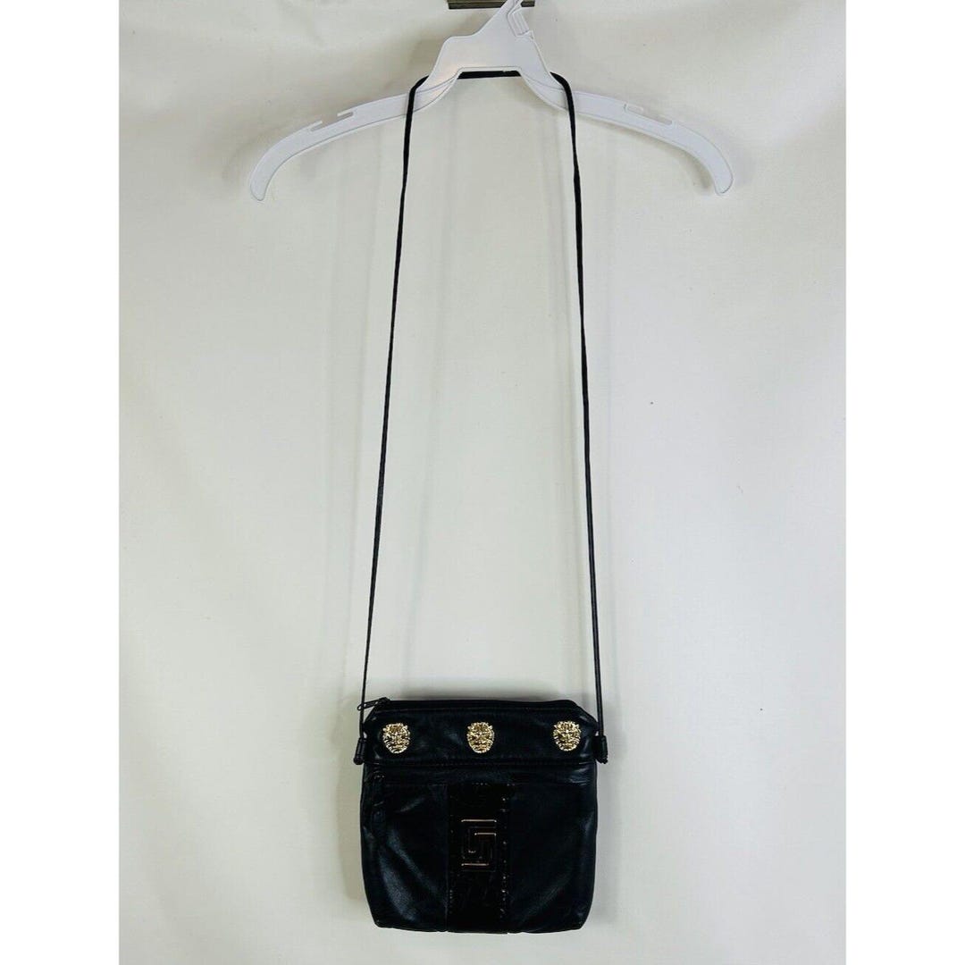 Y2K Cache Black Leather Brass Lion Heads Cross Body Bag Purse, Vintage ...
