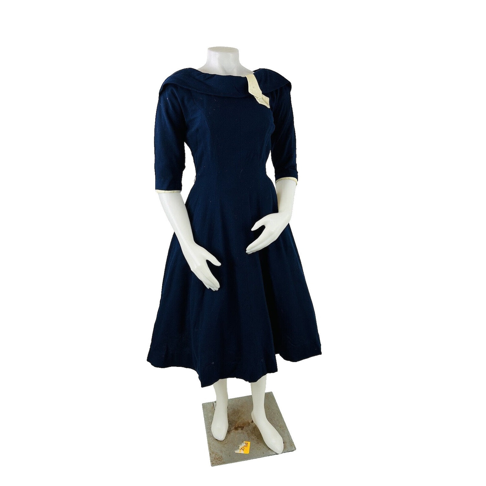 1940s Felted Wool Knit Wartime A Line Midi Dress USA Navy Blue Womens ...