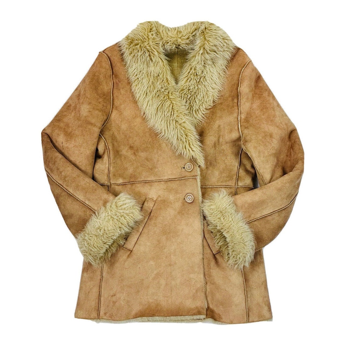 Y2K Womens Large Faux Suede Leather Shag Collar Cuffs Jacket Coat Brown ...
