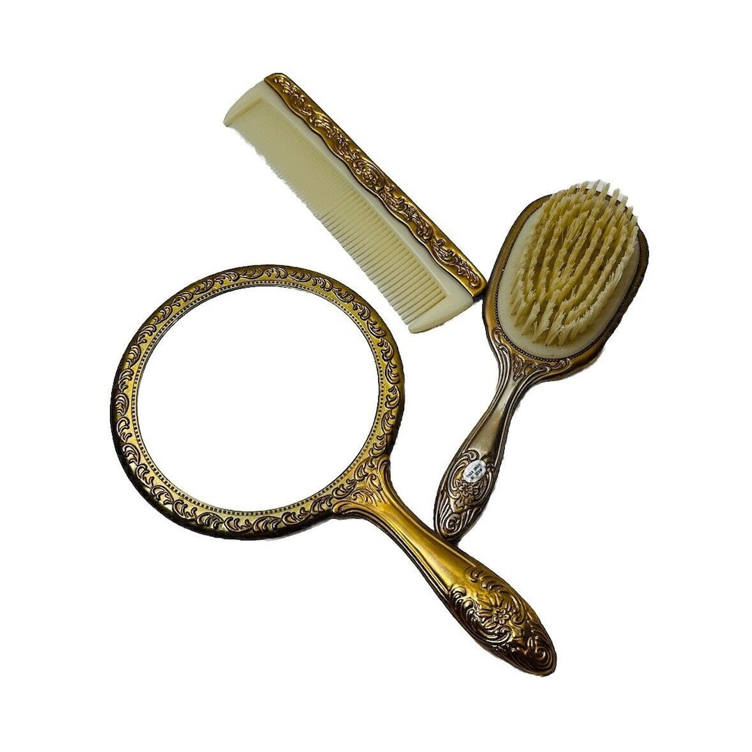 70s Gold Plated Vanity Accessory Set Hand Mirror Comb Brush MCM Regency ...