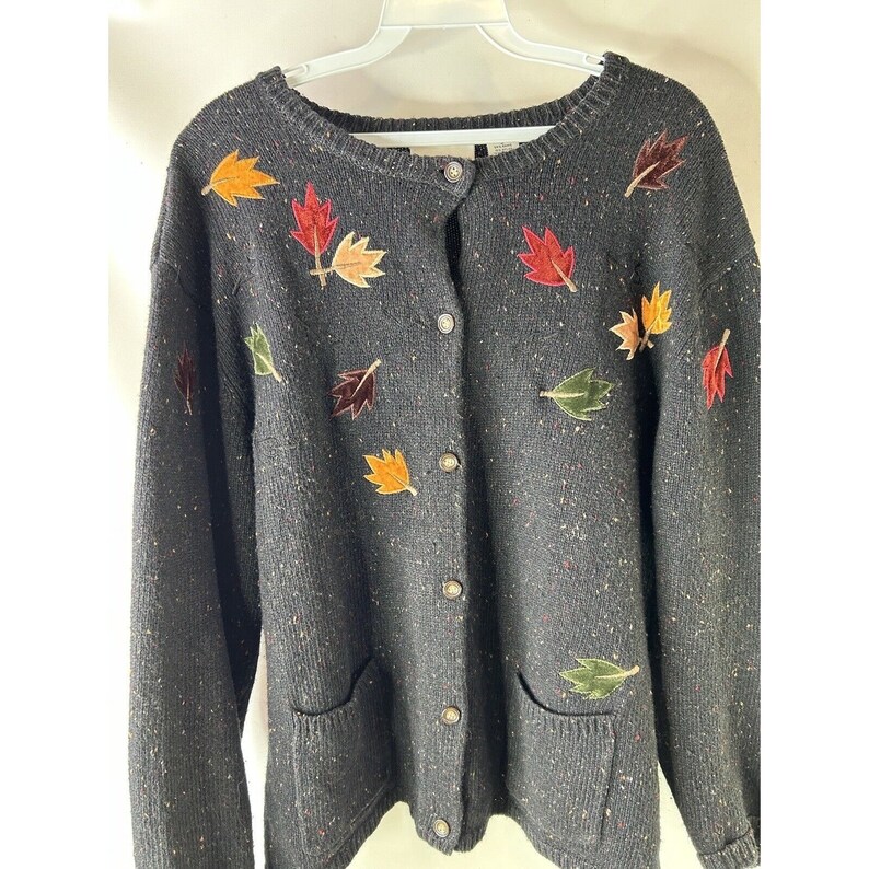 90s Womens Large Rainbow Fall Leaves Knit Cardigan Sweater Black ...