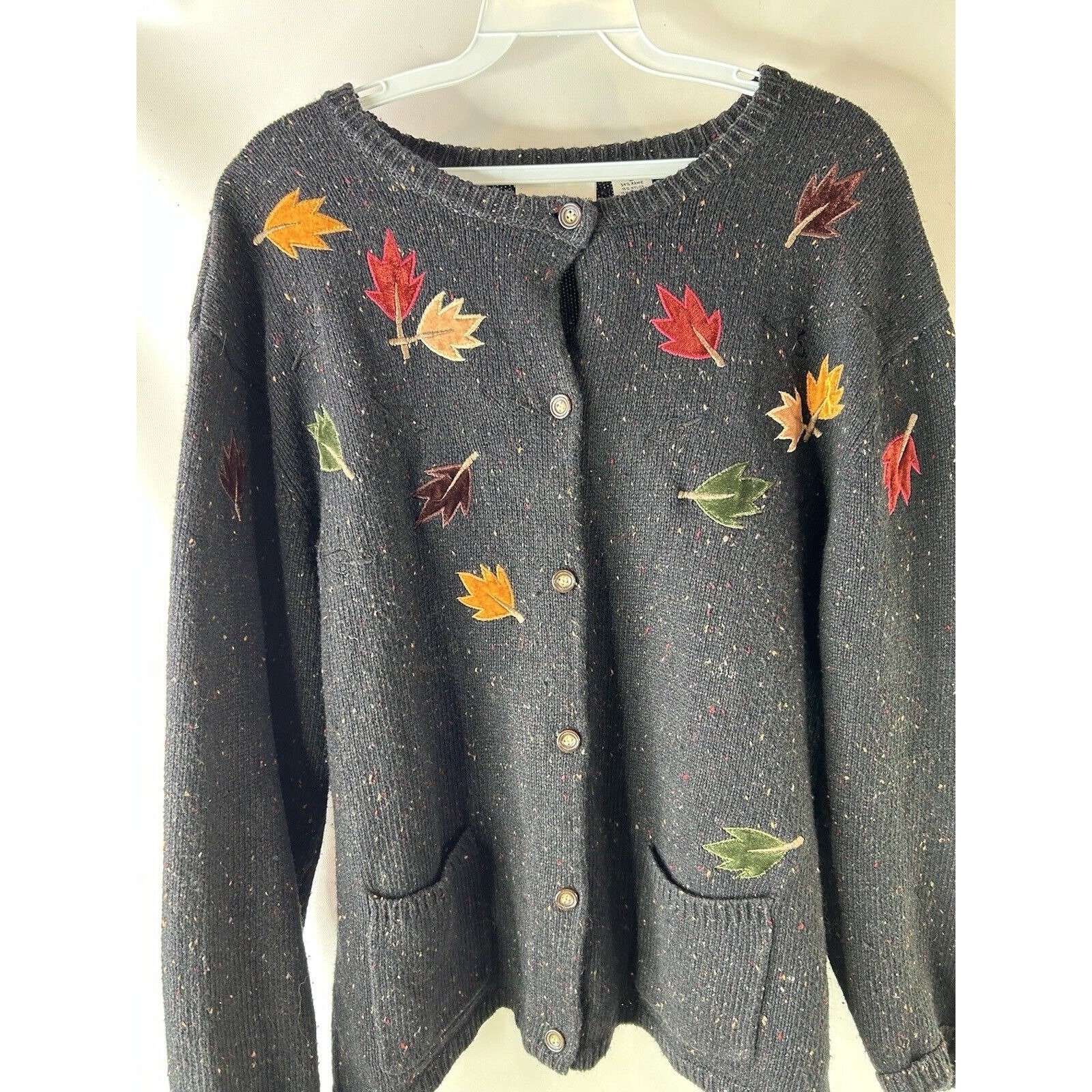 90s Womens Large Rainbow Fall Leaves Knit Cardigan Sweater Black ...