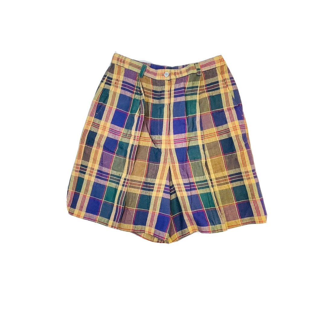 90s Lauren Ralph Lauren Womens 12 Linen Rainbow Madras Plaid Pleated ...