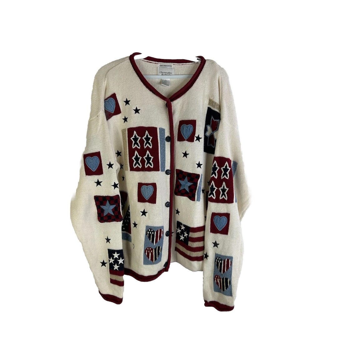 90s Womens Large Hand Knit American Flag Patchwork Cardigan Sweater ...