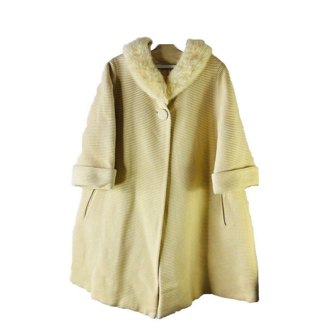 60s Saks Fifth Avenue Fur Collar Wool Ribbed Over Coat Ivory Womens ...