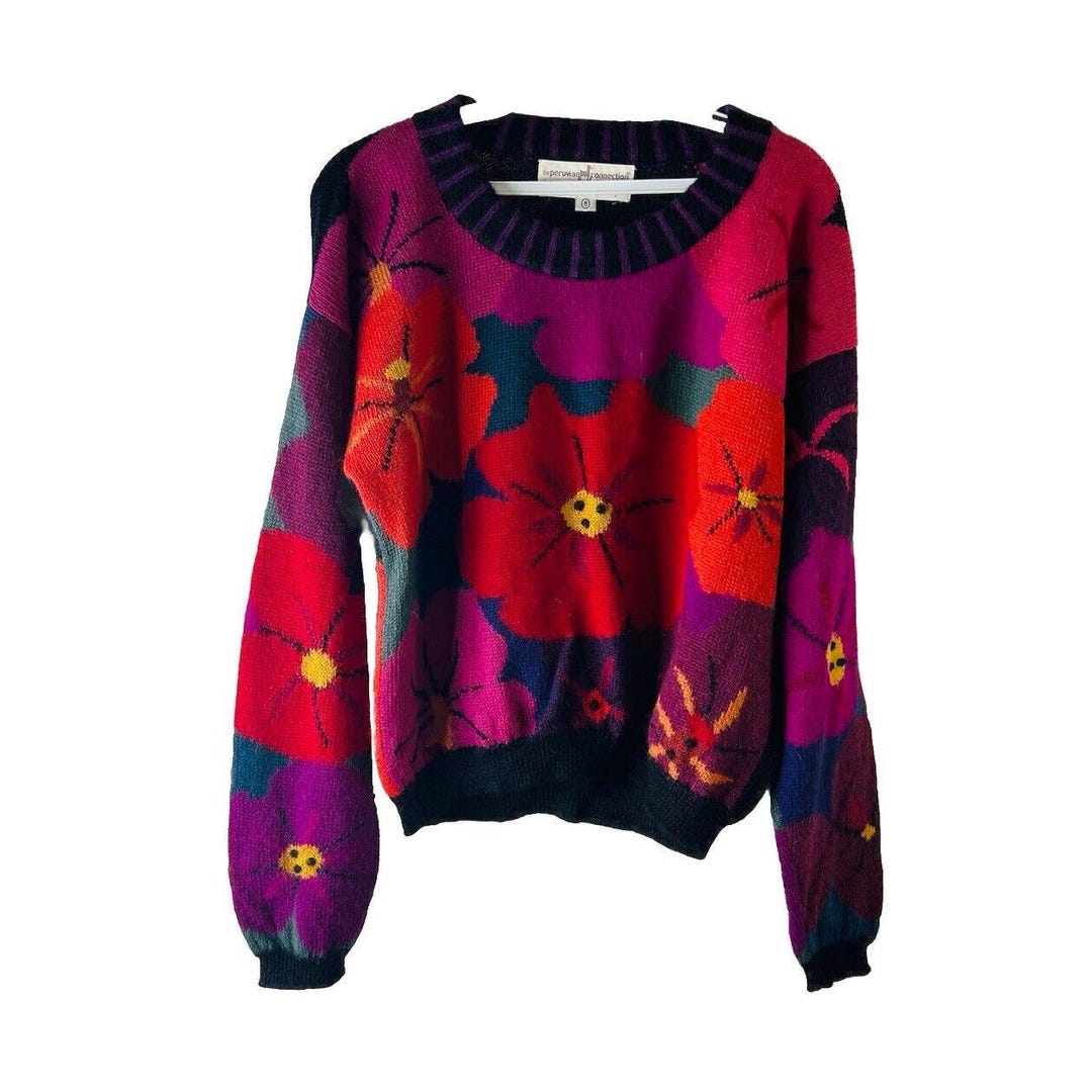 90s Peruvian Connection Alpaca Rainbow Floral All Over Knit Sweater ...