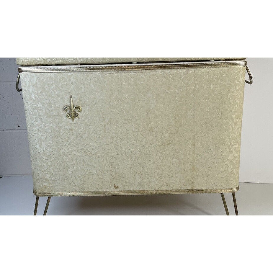 1950s Atomic Hairpin Leg Quilted Starburst Laundry Hamper Basket Ivory ...