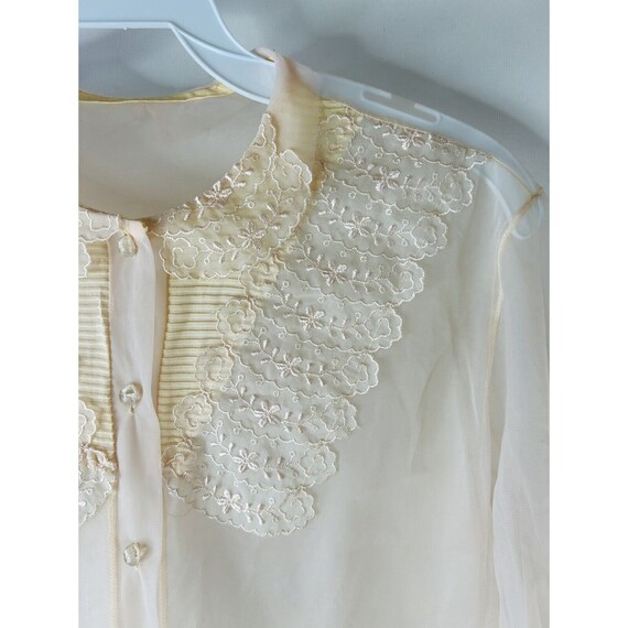 60s Womens Medium Sheer Nylon Frilly Lace Button Blou… - Gem