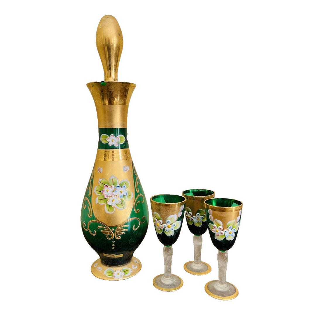 70s MCM Green Hand Painted Floral Venetian Italian Glass Decanter 24K ...