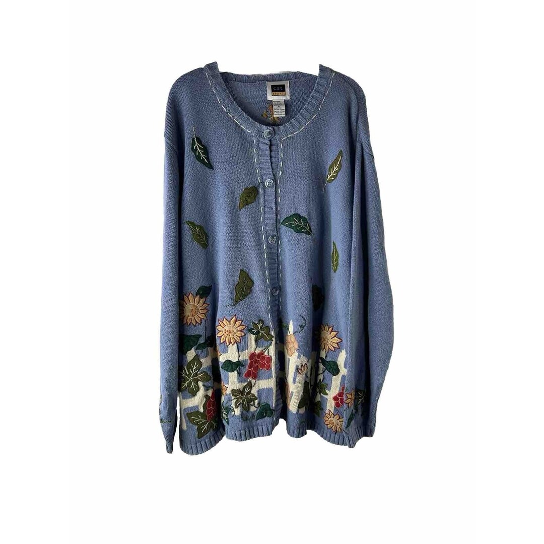 90s Womens 3XL Fall Leaves Floral Stitched Cardigan Sweater Novelty ...