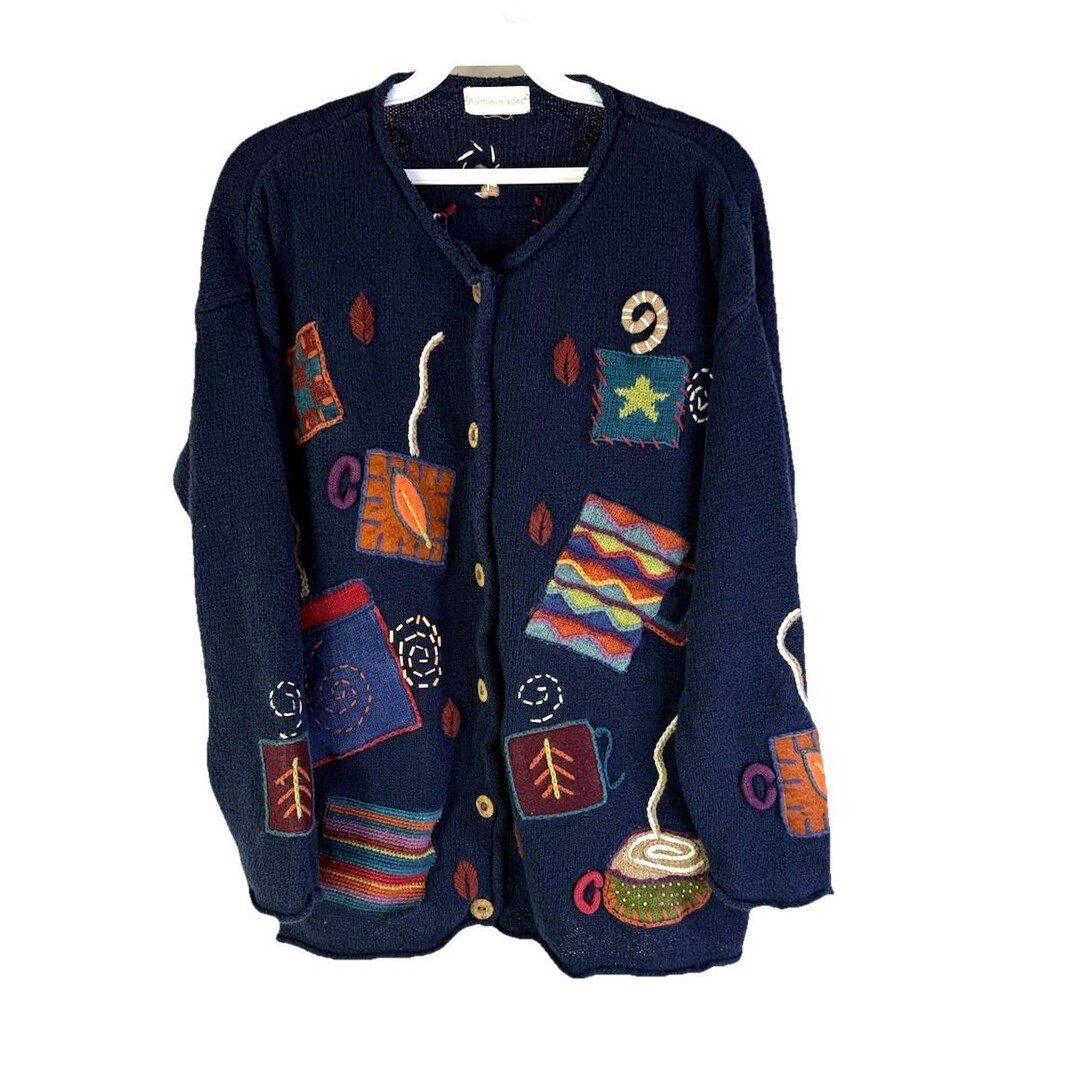 90s Whimsical Coffee Cups Mugs Barista Knit Cardigan Sweater Large ...