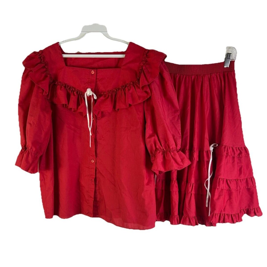 80s Womens Medium Frilly Tiered Bows Line Dancing Skirt Set Shirt Red ...