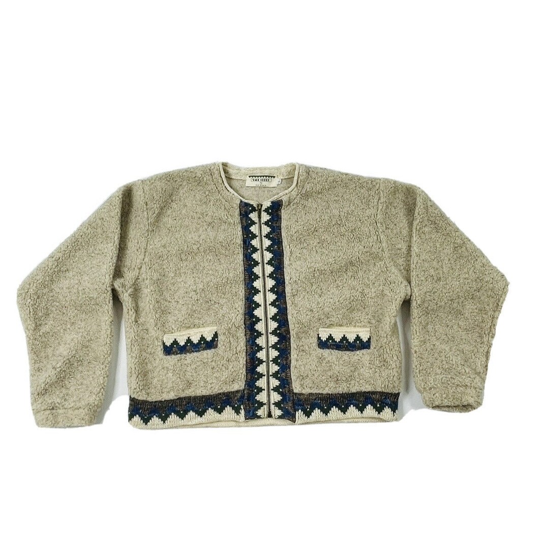 90s Womens Large Deep Pile Fleece Southwestern Navajo Trim Zip Jacket ...