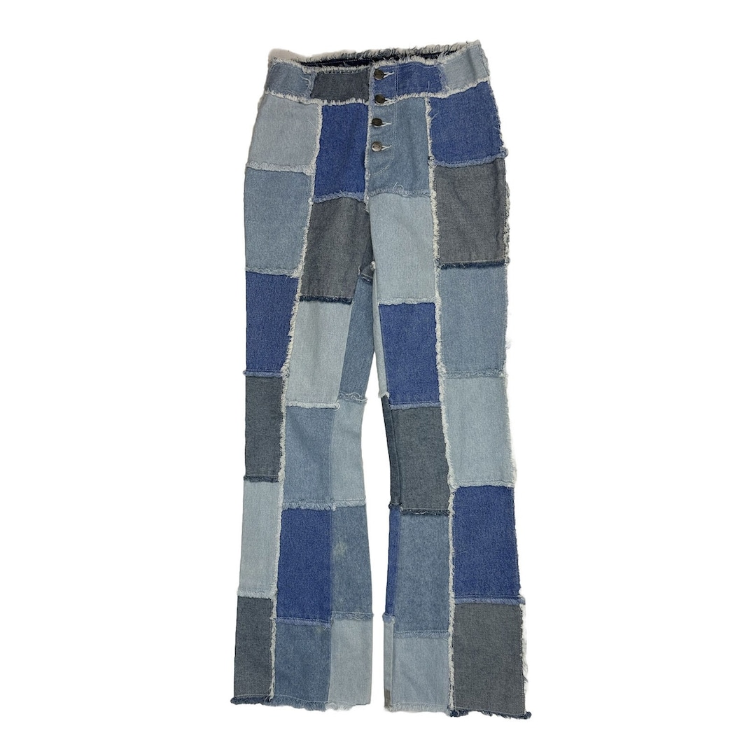 Y2K Womens 3/4 Button Fly Patchwork High Rise Flare Denim Blue Jeans ...