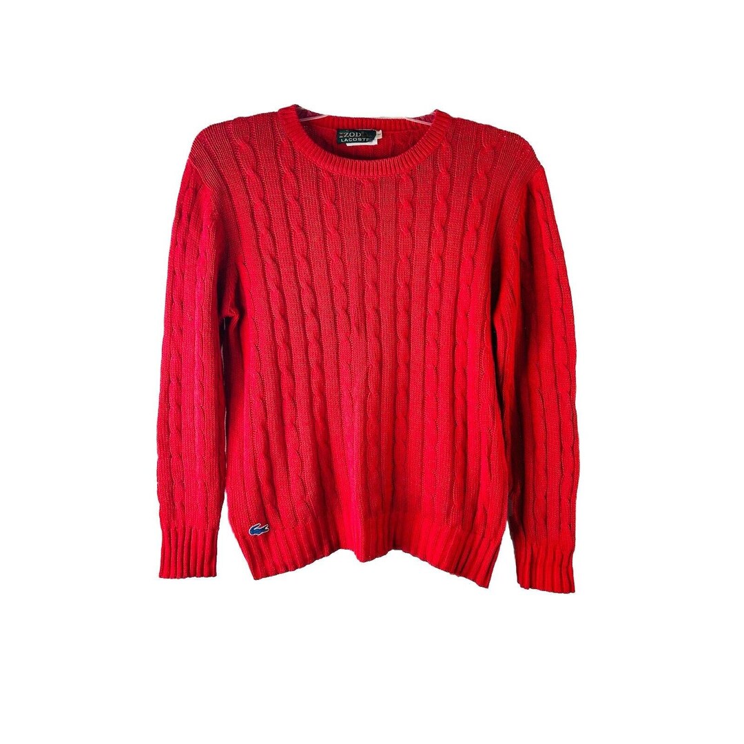80s Lacoste Womens Large Croc Alligator Patch Cable Knit Sweater Preppy ...