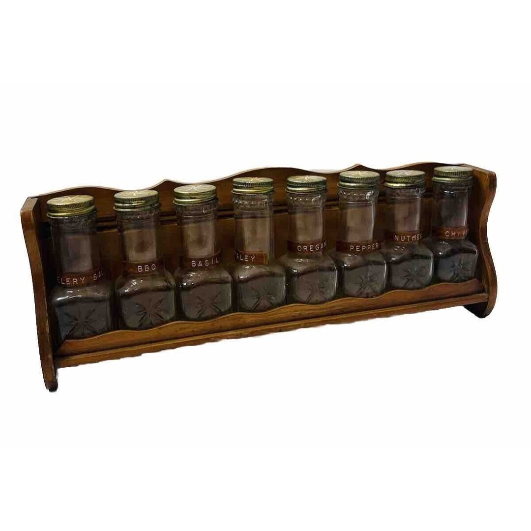 VTG 70s Wood Spice Rack Glass Apothecary Jars MCM, Vintage Spice Rack ...
