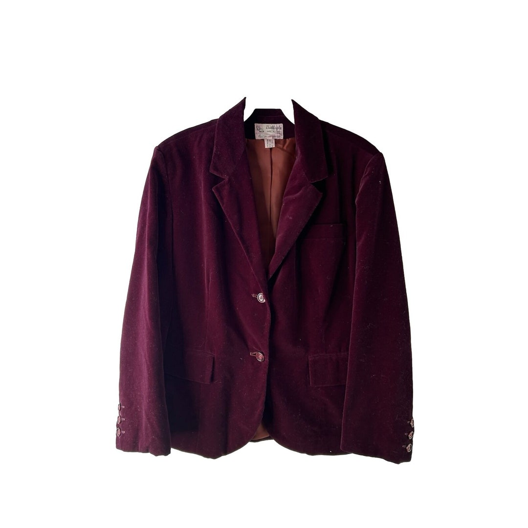 80s Womens 12 Velvet Velour 2 Button Blazer Jacket Merlot Red ...